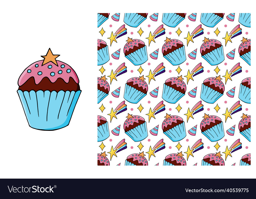 Cupcake muffin set of element and seamless pattern