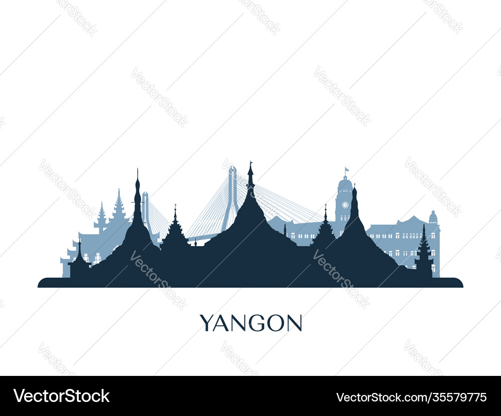 Yangon skyline monochrome silhouette Royalty Free Vector