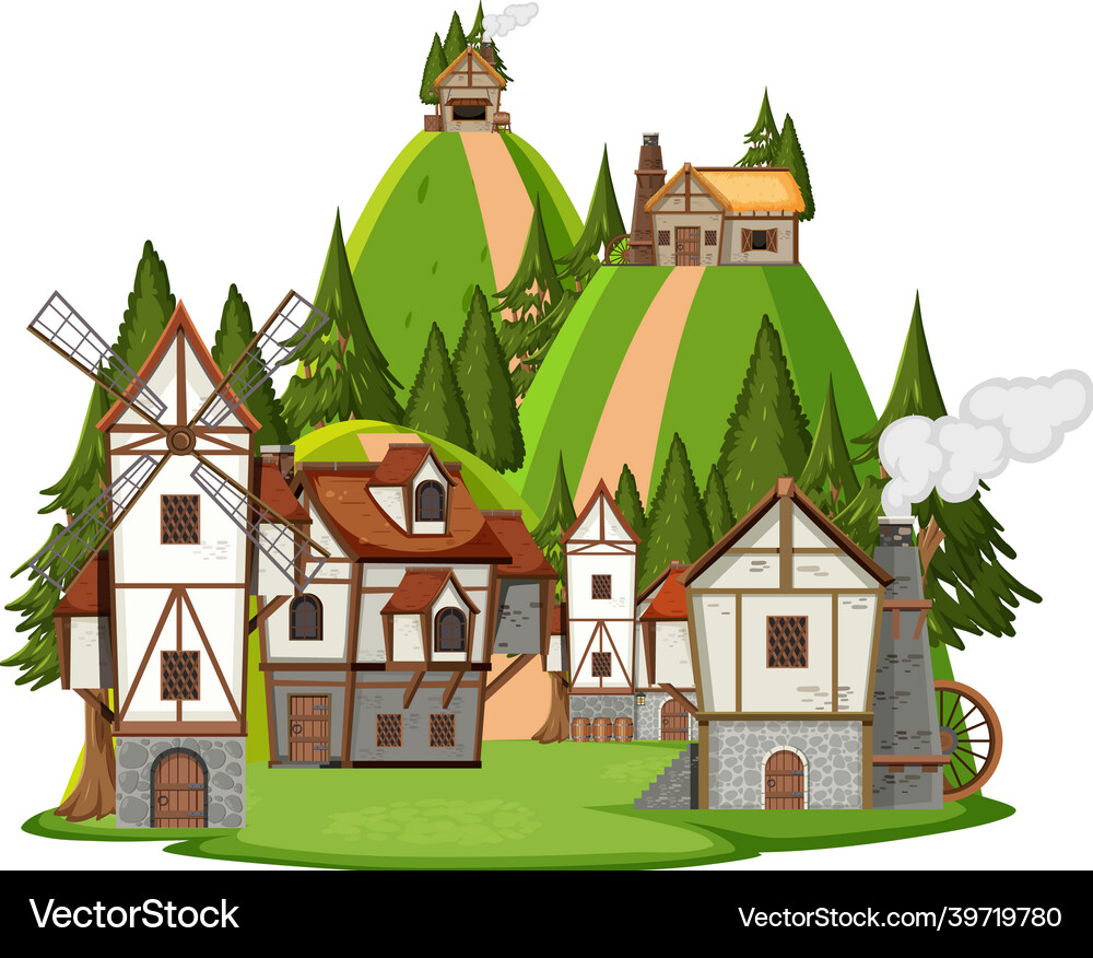 Medieval village scene on white background Vector Image