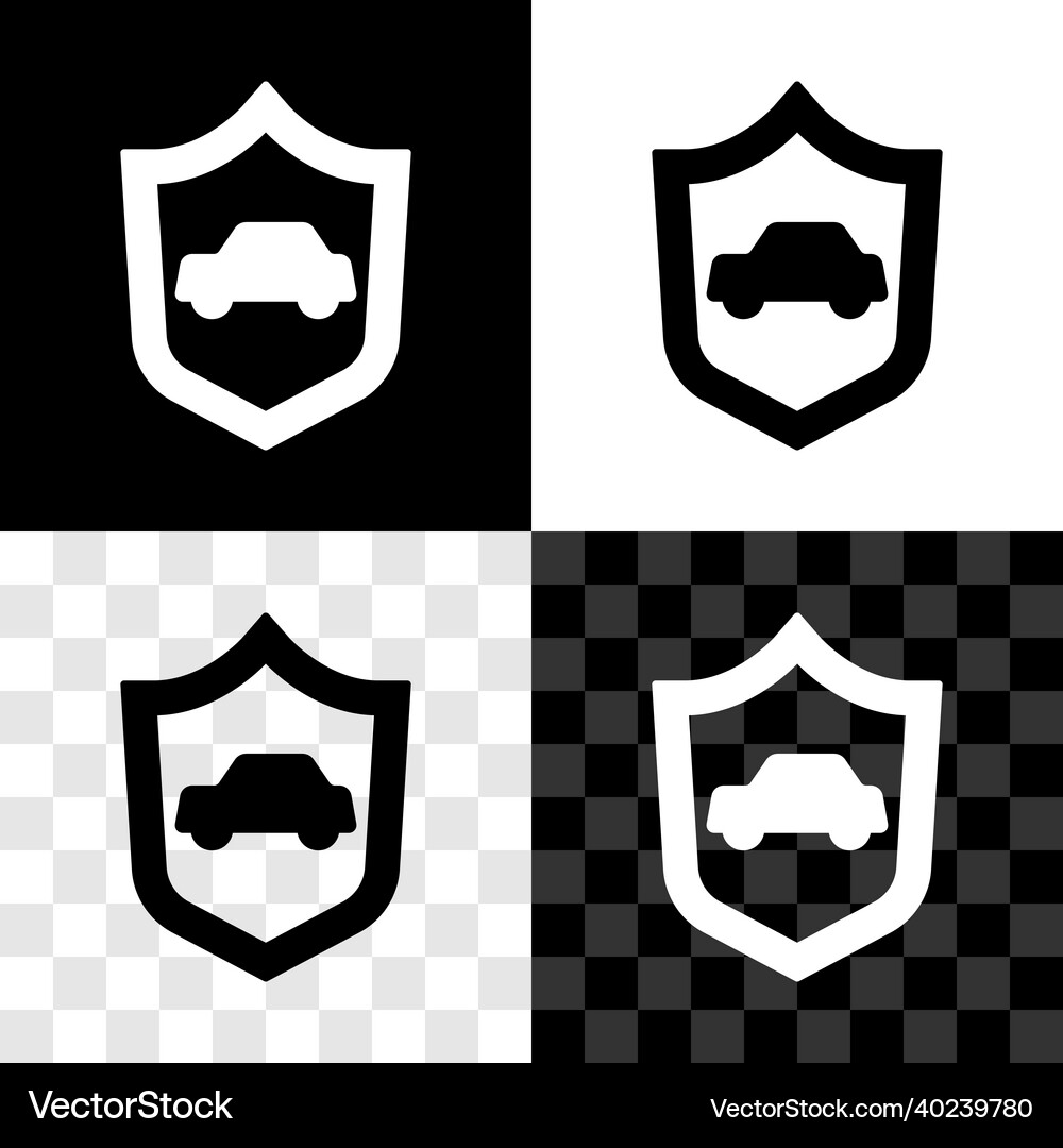 Set car with shield icon isolated on black Vector Image