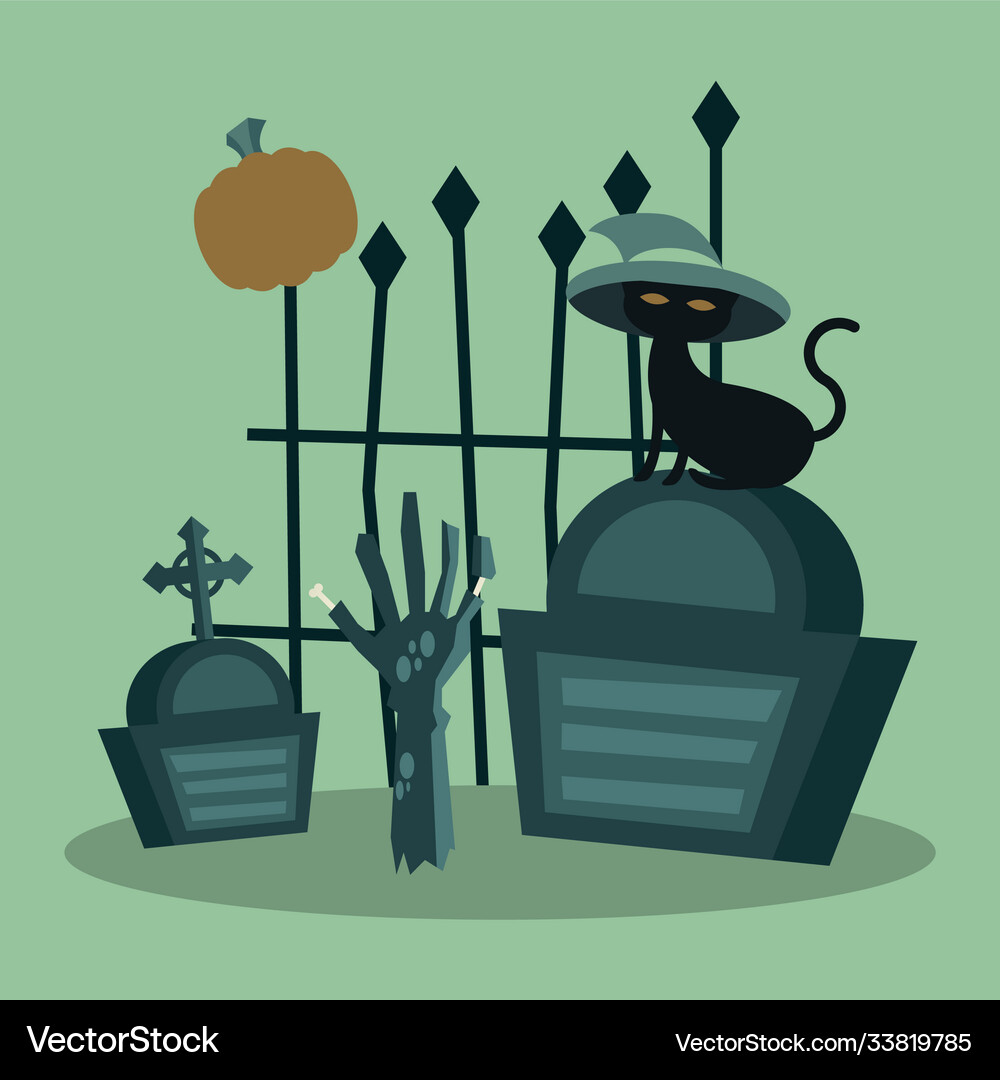 Halloween with hat on grave gate and zombie Vector Image