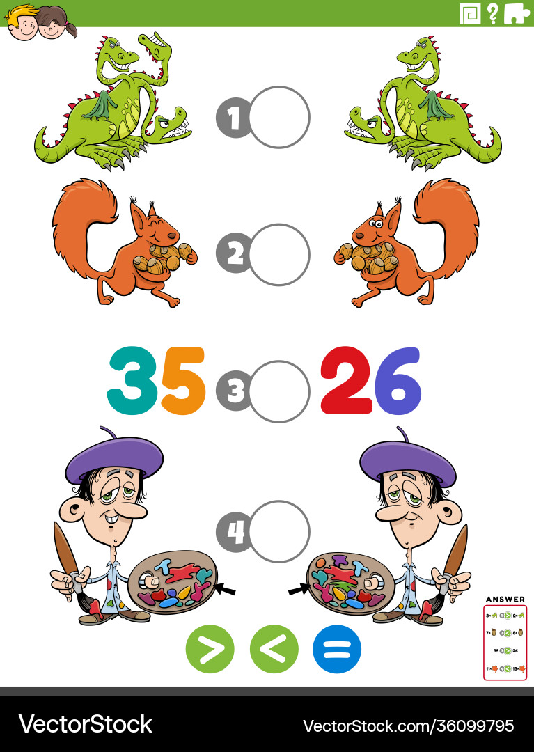 Greater less or equal cartoon task for kids Vector Image