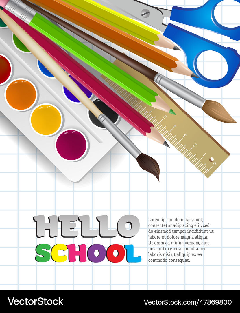 Hello school lettering with colored supplies Vector Image
