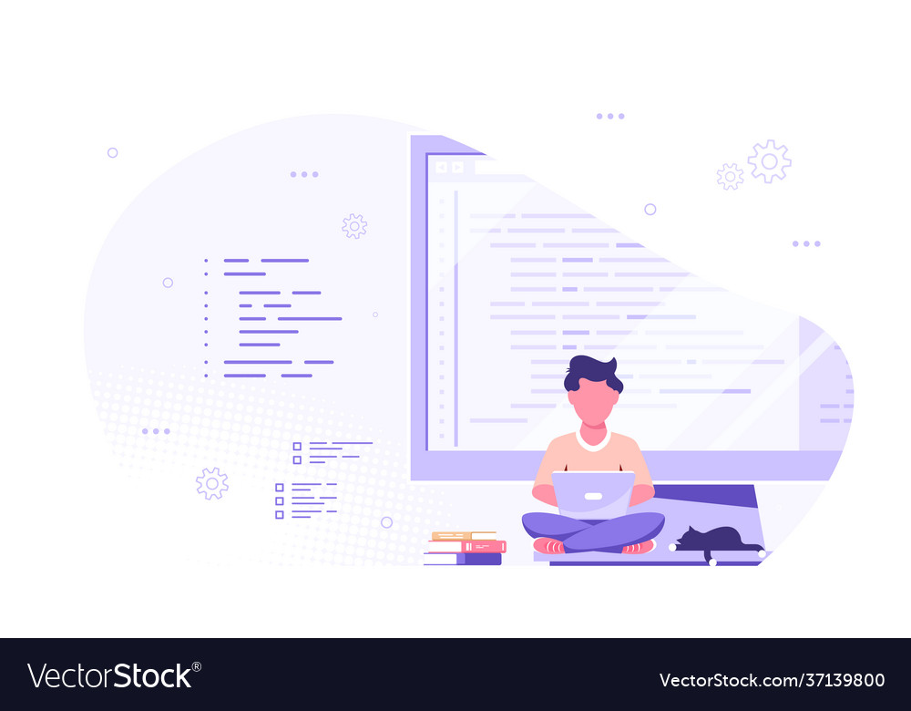 Programmer specialist sitting on big computer Vector Image