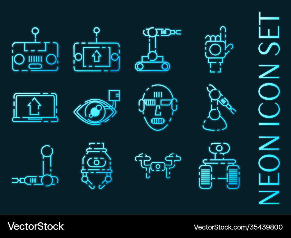 Robotic set icons blue glowing neon style Vector Image