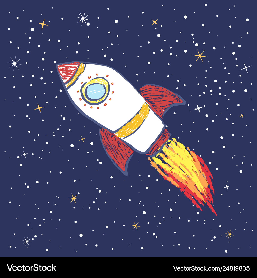Doodle rocket in space Royalty Free Vector Image