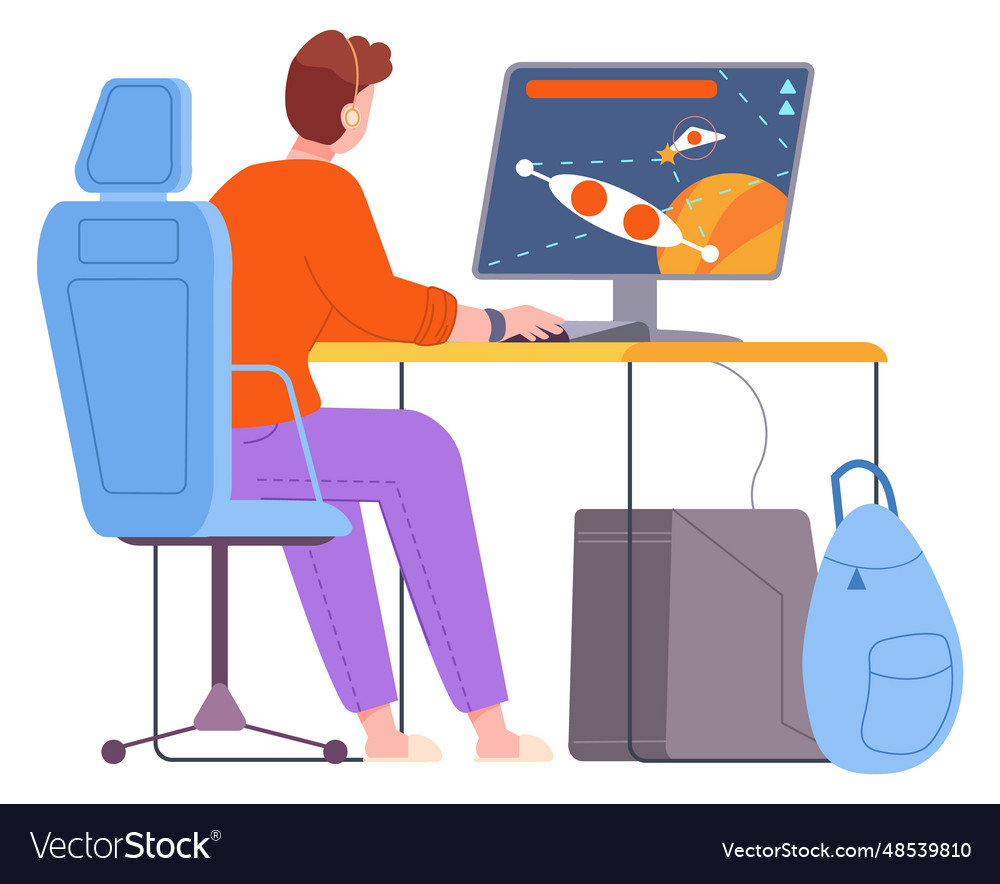 School boy play videogame on computer game Vector Image