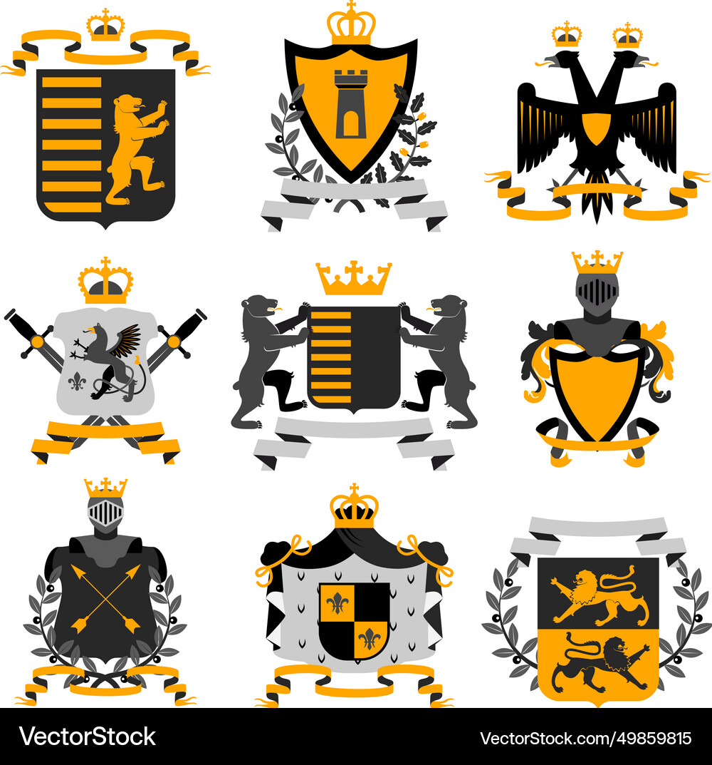 Heraldic emblems black golden icons collection Vector Image