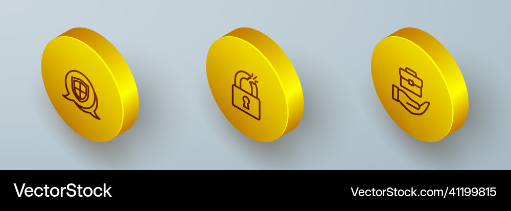 Set isometric line shield broken or cracked lock Vector Image