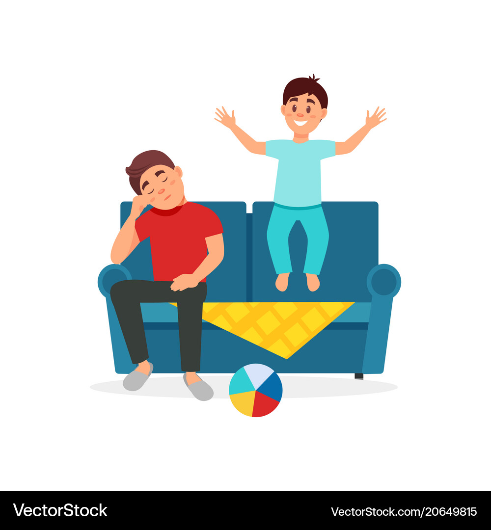 Tired father sitting on the couch next Royalty Free Vector