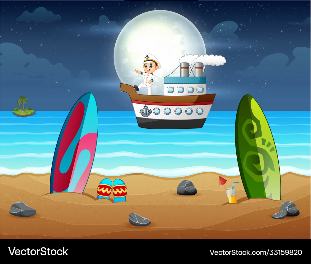 Cartoon a captain sailing at night Royalty Free Vector Image