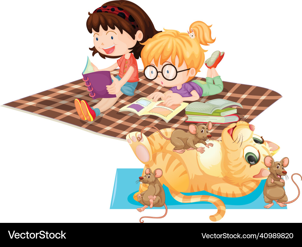 Children reading their books with cat playing Vector Image