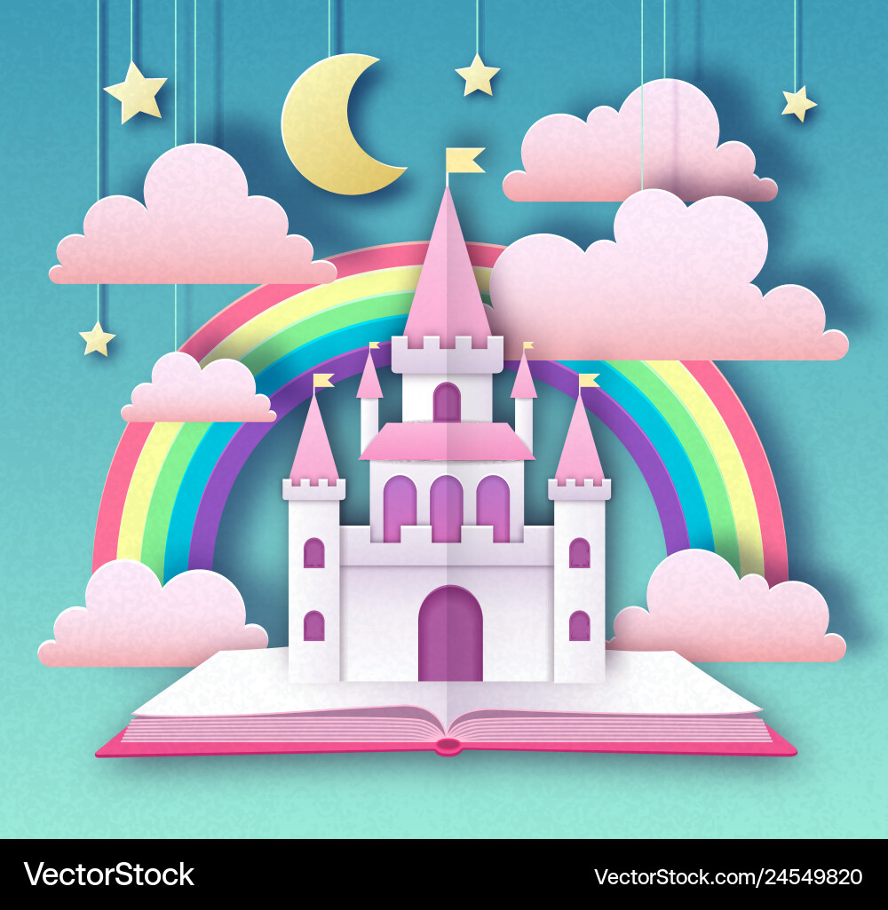 Open fairy tale book with castle clouds Royalty Free Vector