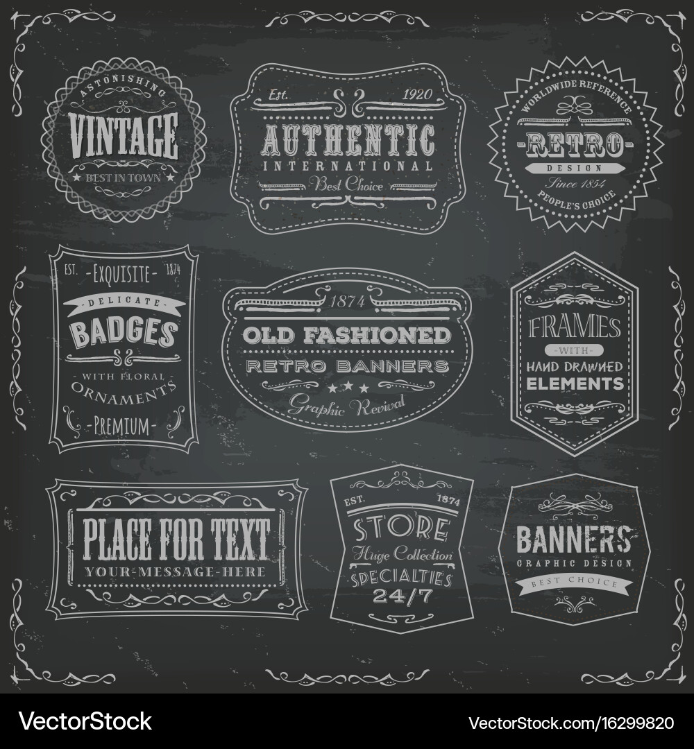 Vintage labels ans signs on blackboard Royalty Free Vector