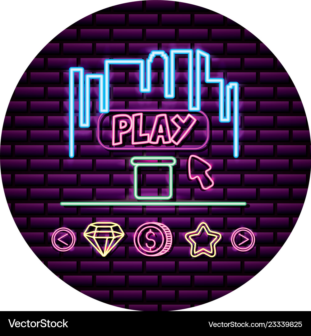 Screen play arrow neon video game wall Royalty Free Vector
