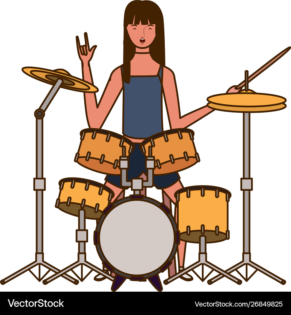 Young woman with drum kit on white background Vector Image