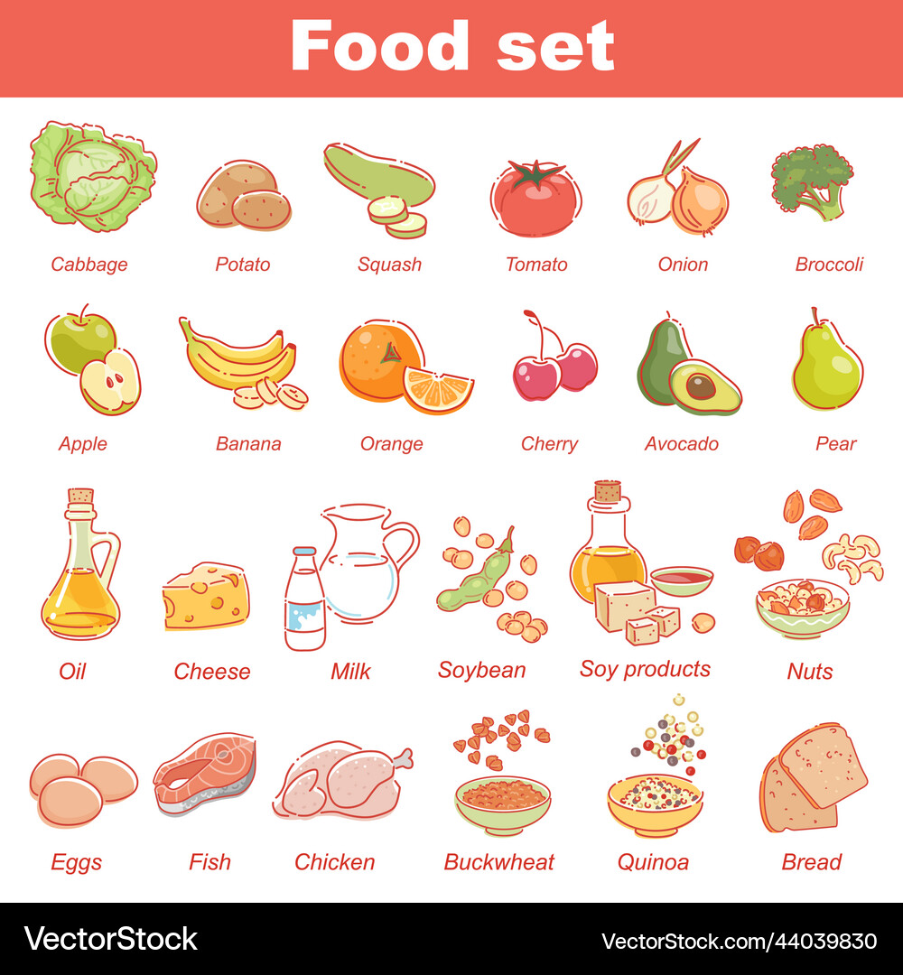 Food set color objects of menu Royalty Free Vector Image