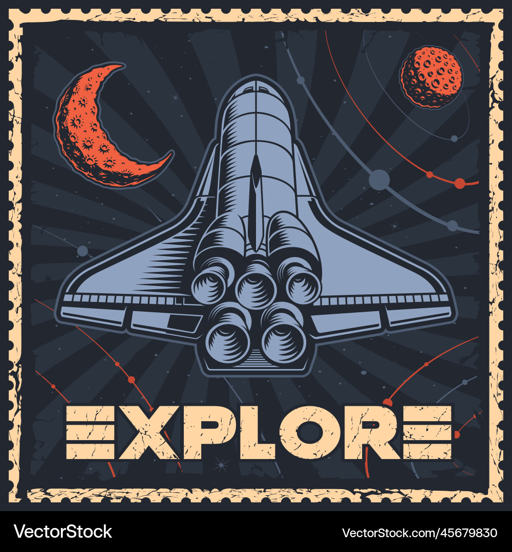 Space poster with cosmic shuttle in vintage style Vector Image