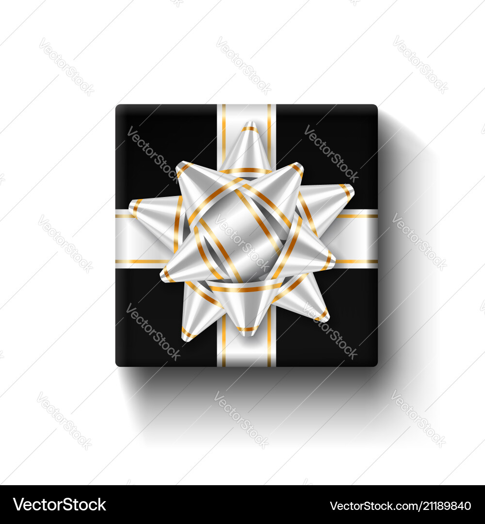 Gift box 3d top view silver ribbon bow isolated Vector Image