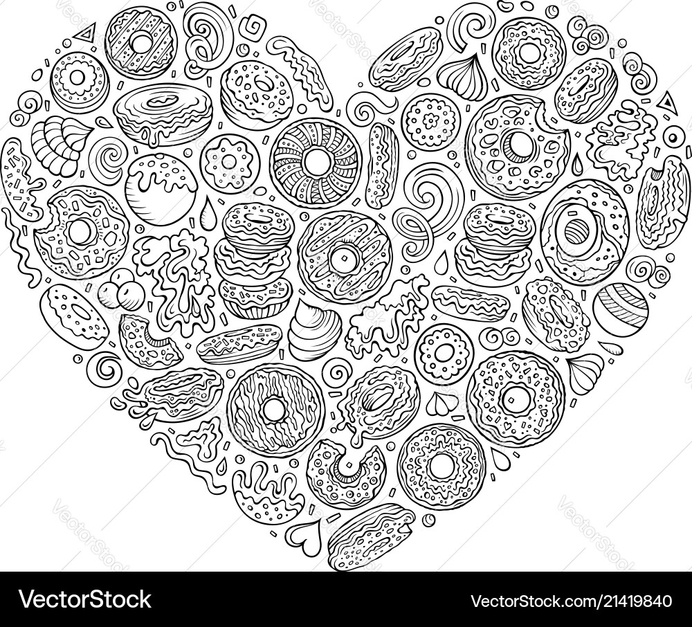 Line art hand drawn set donuts cartoon Royalty Free Vector