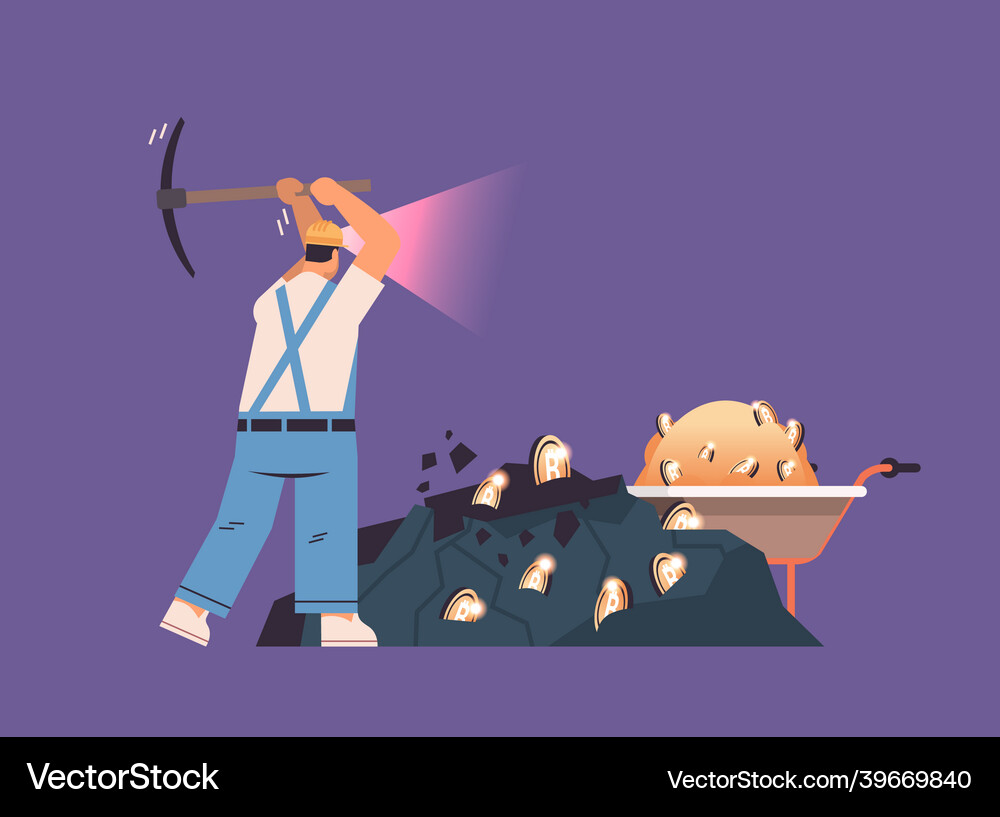 Man miner digging and extracting bitcoins in mine Vector Image