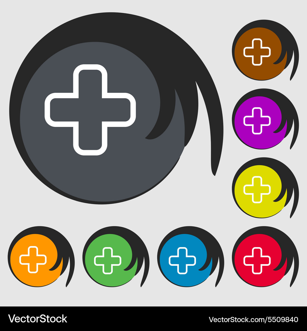 Plus icon sign Symbol on eight colored buttons Vector Image