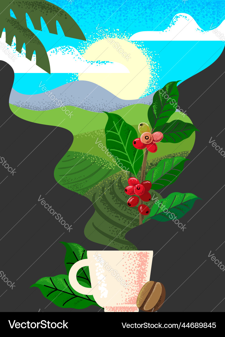 Coffee plantation landscape and cup Royalty Free Vector