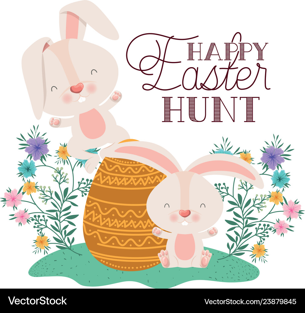 Happy easter hunt label with egg and flowers icon Vector Image