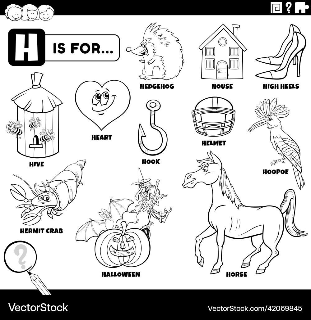 Letter h words educational set coloring book page Vector Image