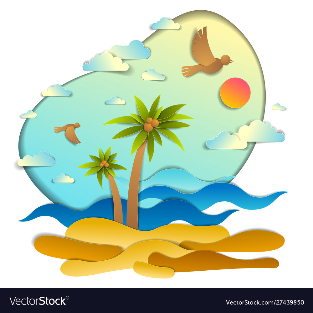 Beach with palms sea waves perfect seascape birds Vector Image