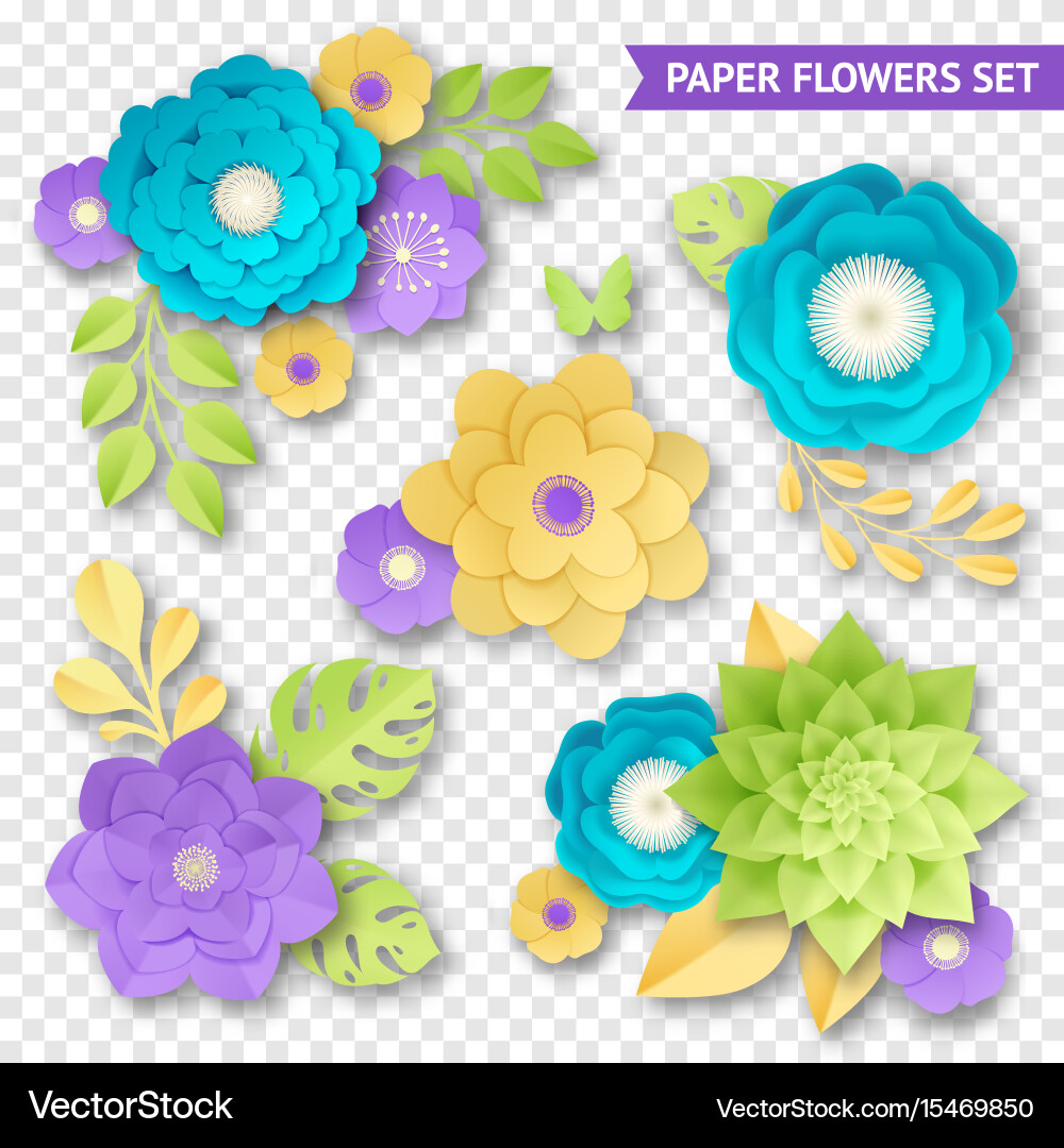 Paper flowers compositions transparent set Vector Image