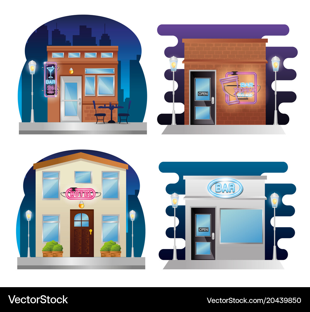 Set buildings facades with neon labels Royalty Free Vector