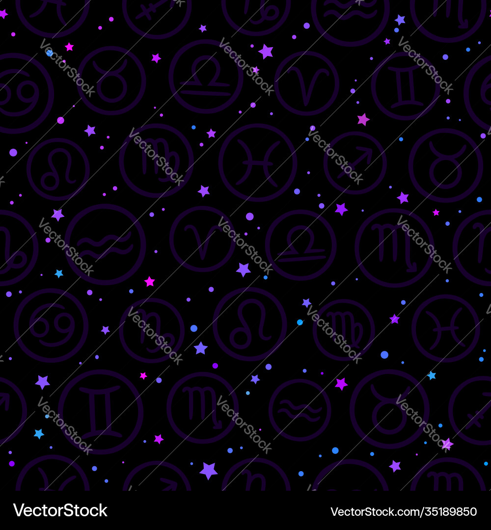 Space pattern bright stars and zodiac signs Vector Image