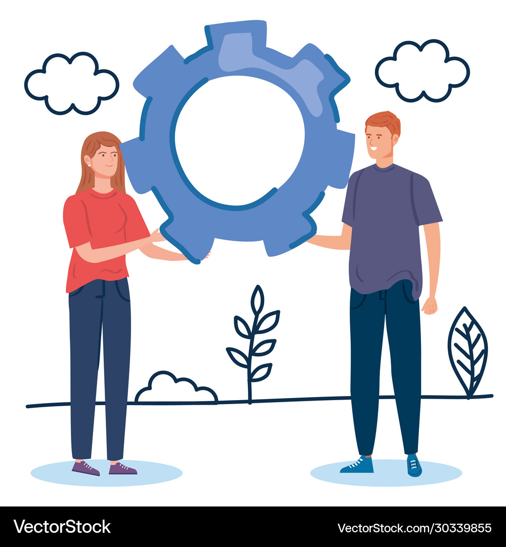Couple creative with gear in landscape Royalty Free Vector