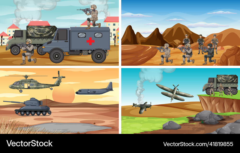 Set of different army war scenes Royalty Free Vector Image