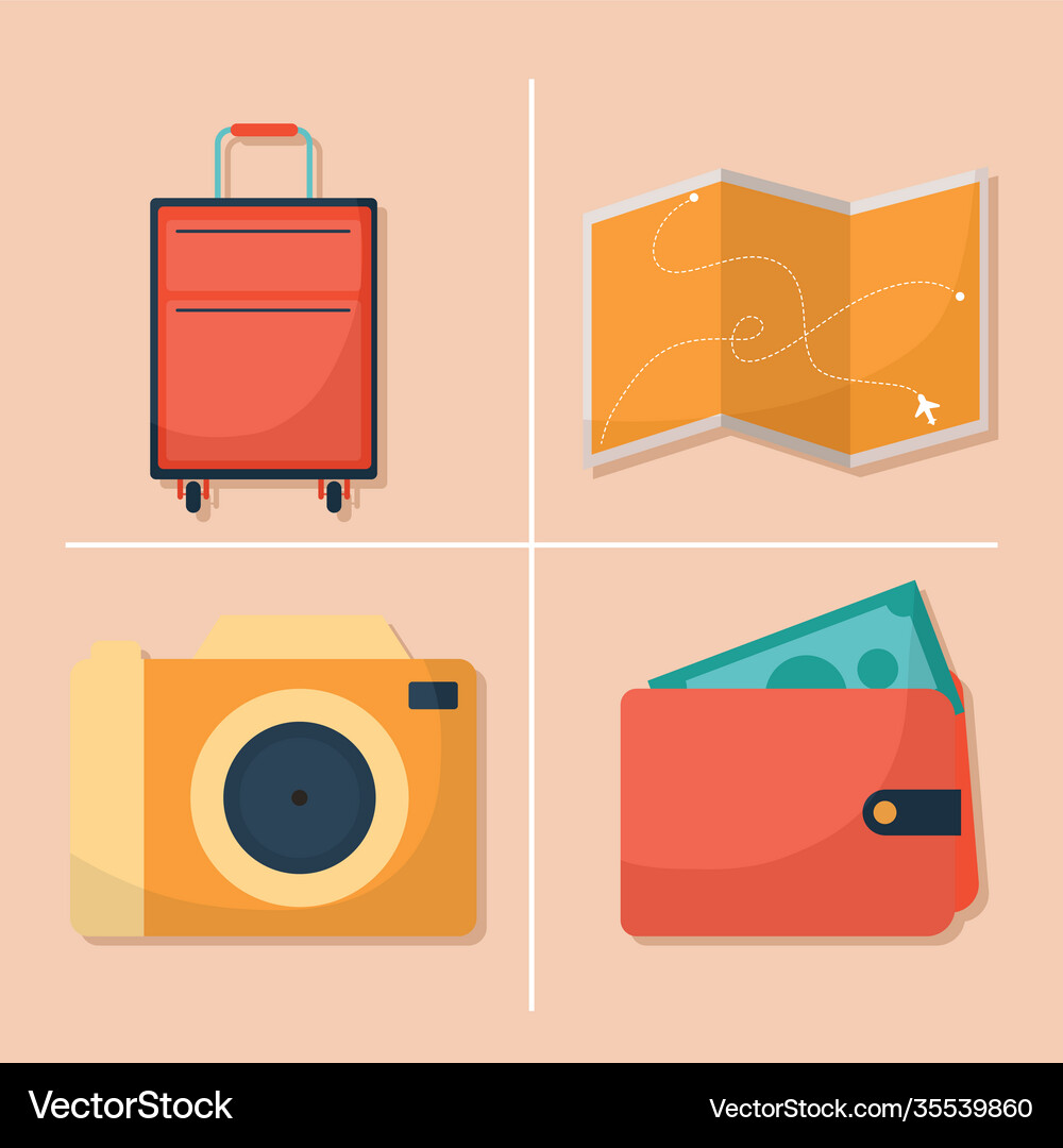Bundle travel icons on a pink background Vector Image