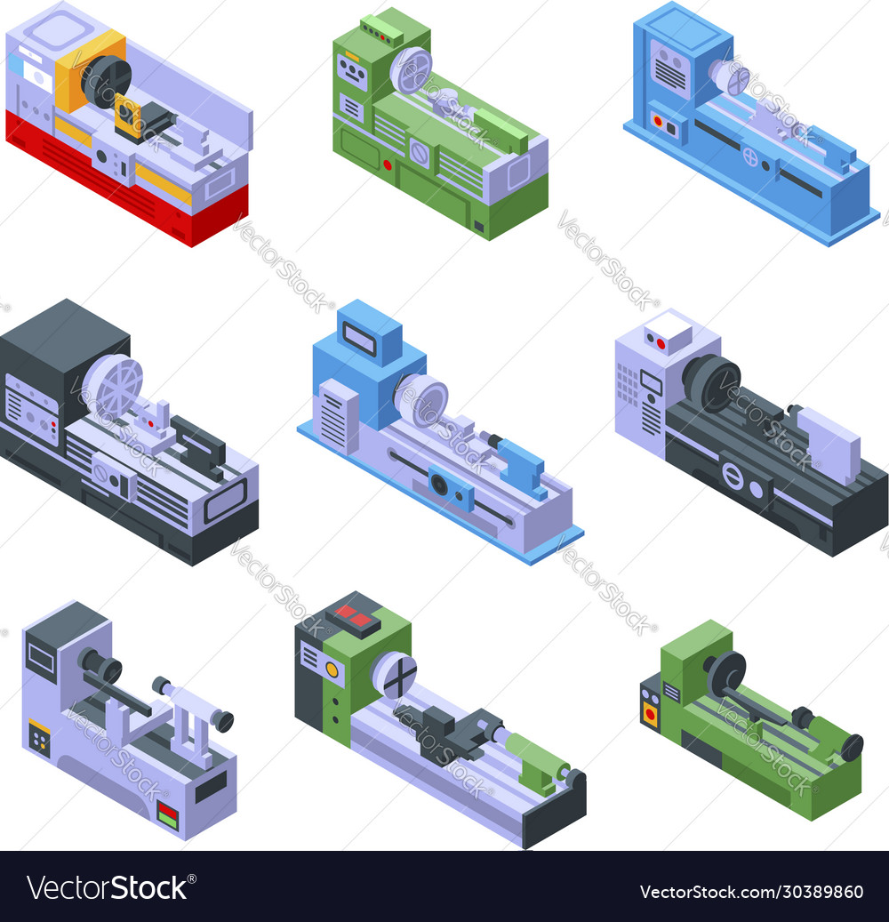 Lathe icons set isometric style Royalty Free Vector Image