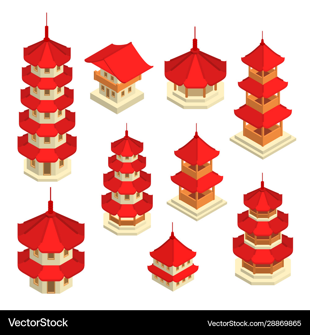 Asian architecture building sign 3d icon set Vector Image