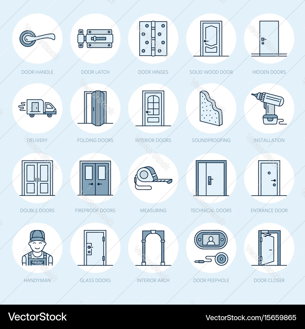 Doors installation repair line icons various Vector Image