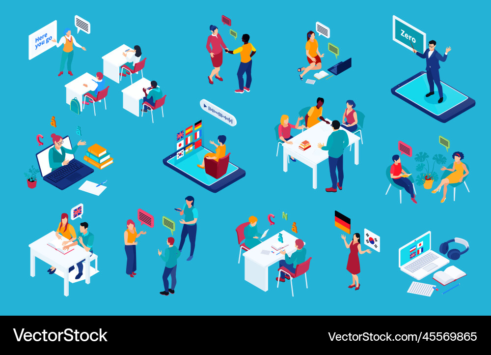 Language school isometric set Royalty Free Vector Image
