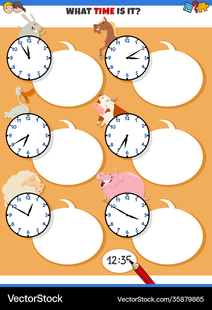 Telling time educational game with cartoon farm Vector Image