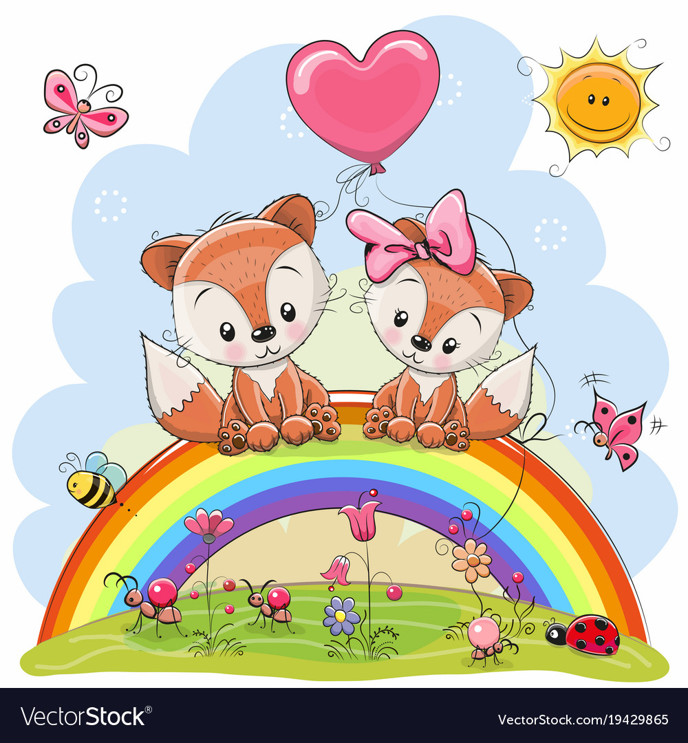 Two foxes are sitting on the rainbow Royalty Free Vector