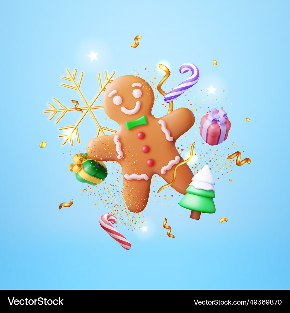 3d holiday gingerbread man cookie and confetti Vector Image