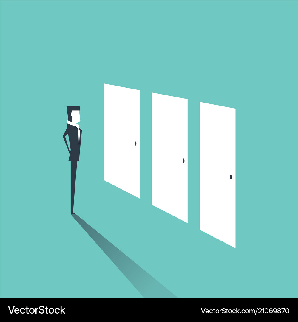 Businessman standing and confused to select doors Vector Image