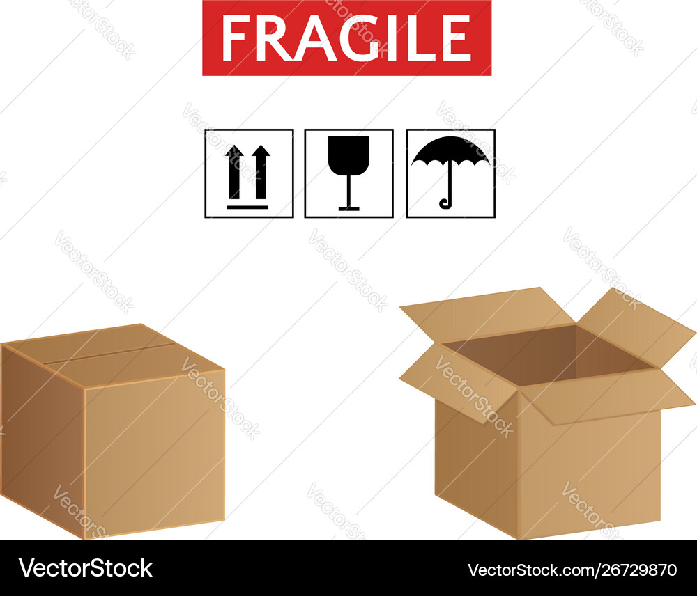 Cardboard boxes set icons fragile goods Royalty Free Vector