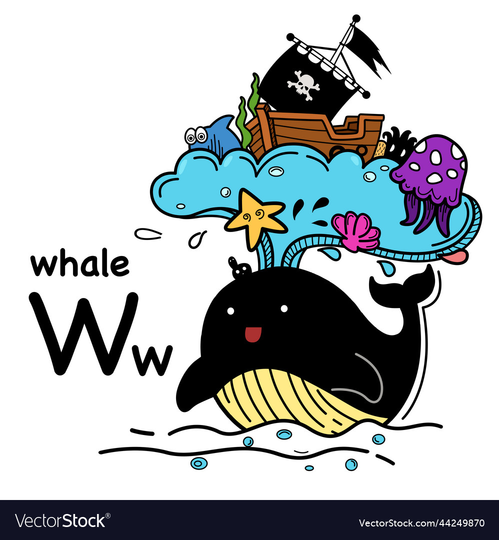 Hand drawnalphabet letter w-whale Royalty Free Vector Image