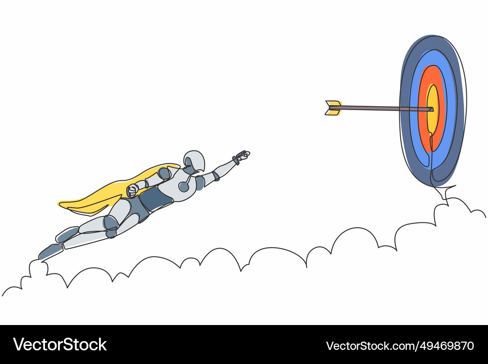 Single one line drawing robot in cloak flying up Vector Image