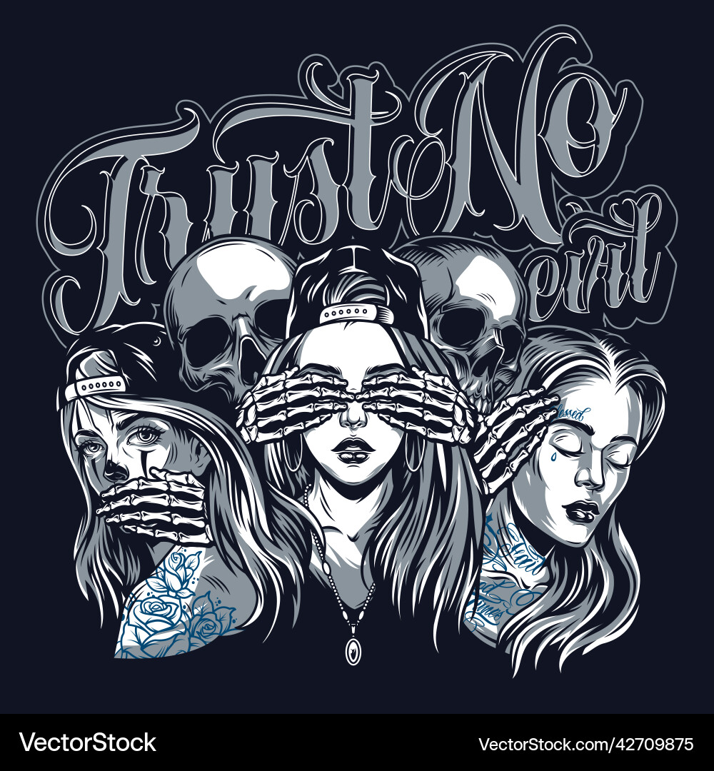 Chicano style three mystic apes concept Royalty Free Vector