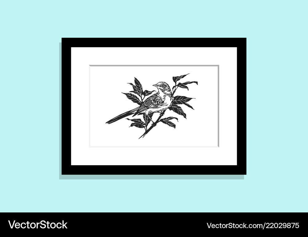 Frame on wall with picture bird branch Royalty Free Vector