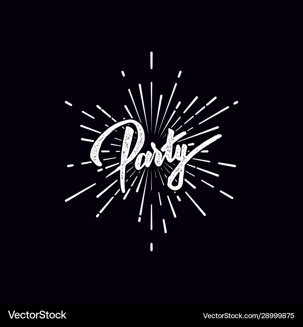 Party lettering sign with bursting light rays Vector Image